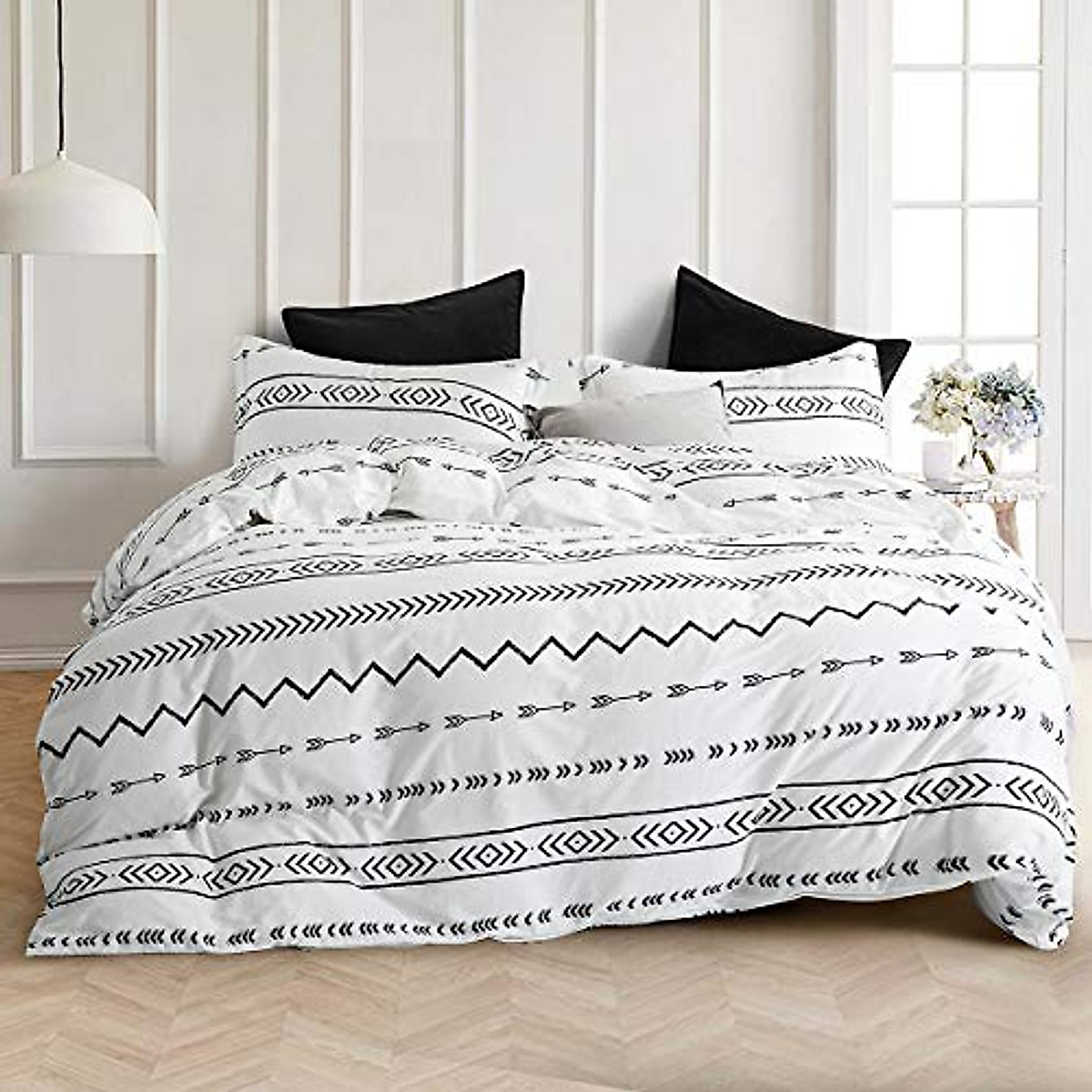 JUCFHY Duvet Cover Queen,600 Thread Count Cotton 3pcs Queen Duvet Cover Set Black Stripe Geometric Printed on White,Reversible with Zipper Closure 1 Duvet Cover and 2 Pillow Shams(Queen,Chelsea)