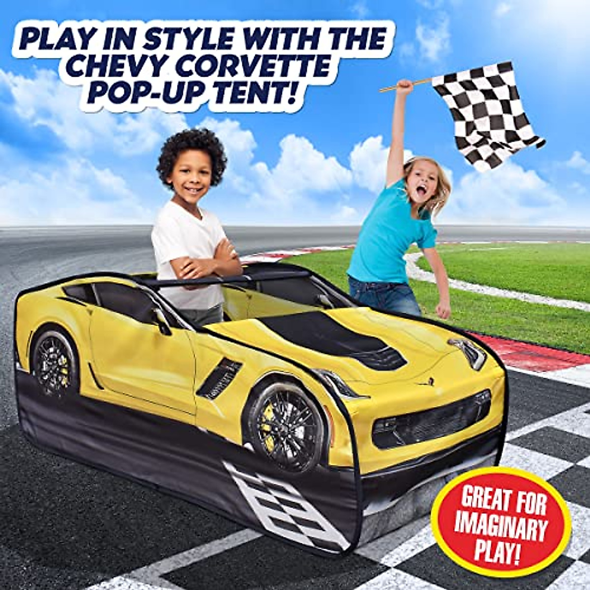 Chevy Corvette Pop Up Tent,Large Foldable Race Car Play Tent for Kids, Birthday Gift Boy, Yellow, 3+