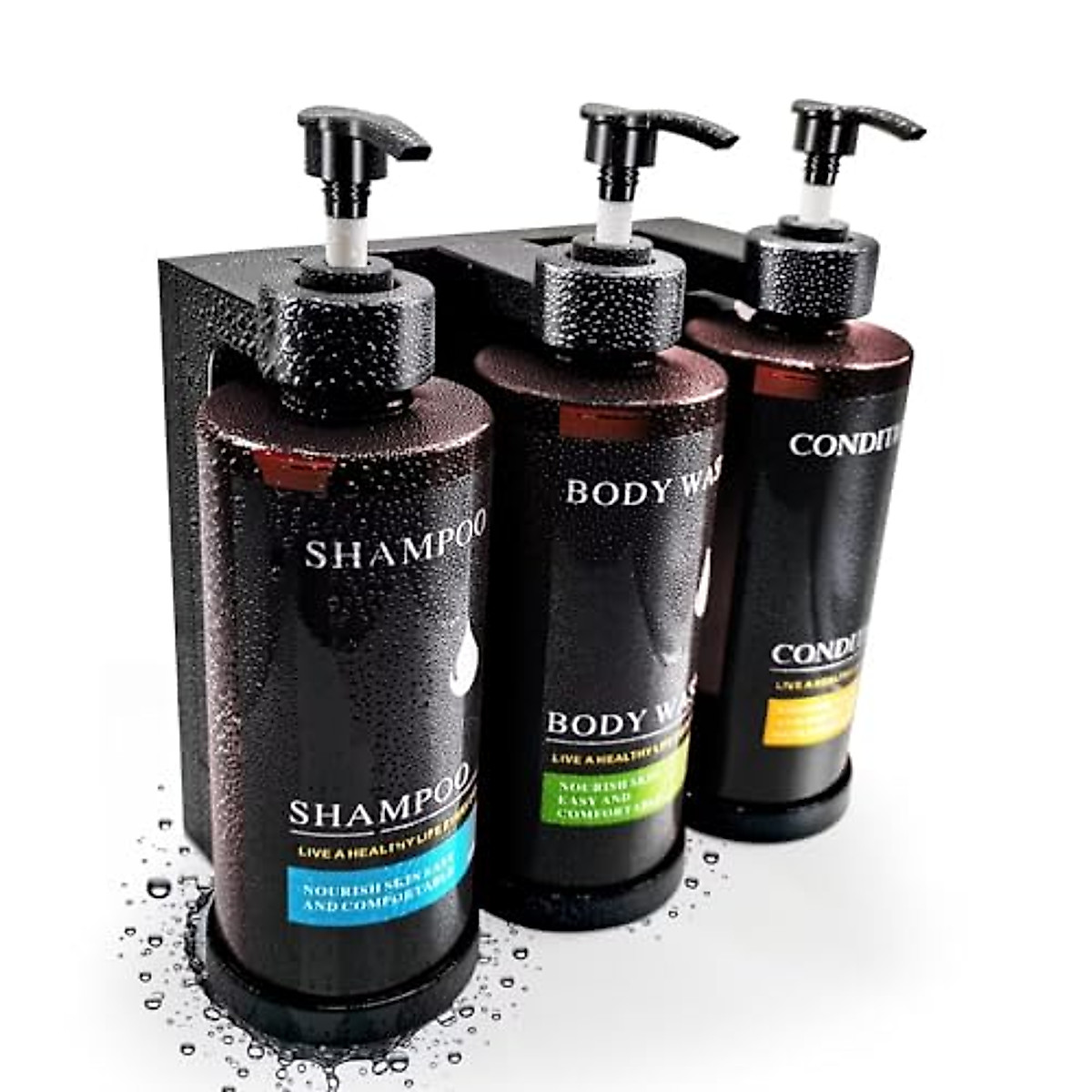 FANYX Shampoo and Conditioner Dispenser Wall Mount Set, Shower Dispenser 3 Chamber No Drill,17 Oz Refillable Shower Soap Dispenser Wall Mounted for Bathroom (Amber)