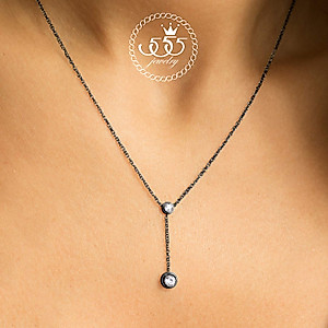 555Jewelry Womens Stainless Steel Metal Charming Lariat Style Y Droplet Cable Chain Brilliant Drop Round CZ Layered Hypoallergenic Fashion Jewelry Accessory Pendant Necklace, Black 18 Inch