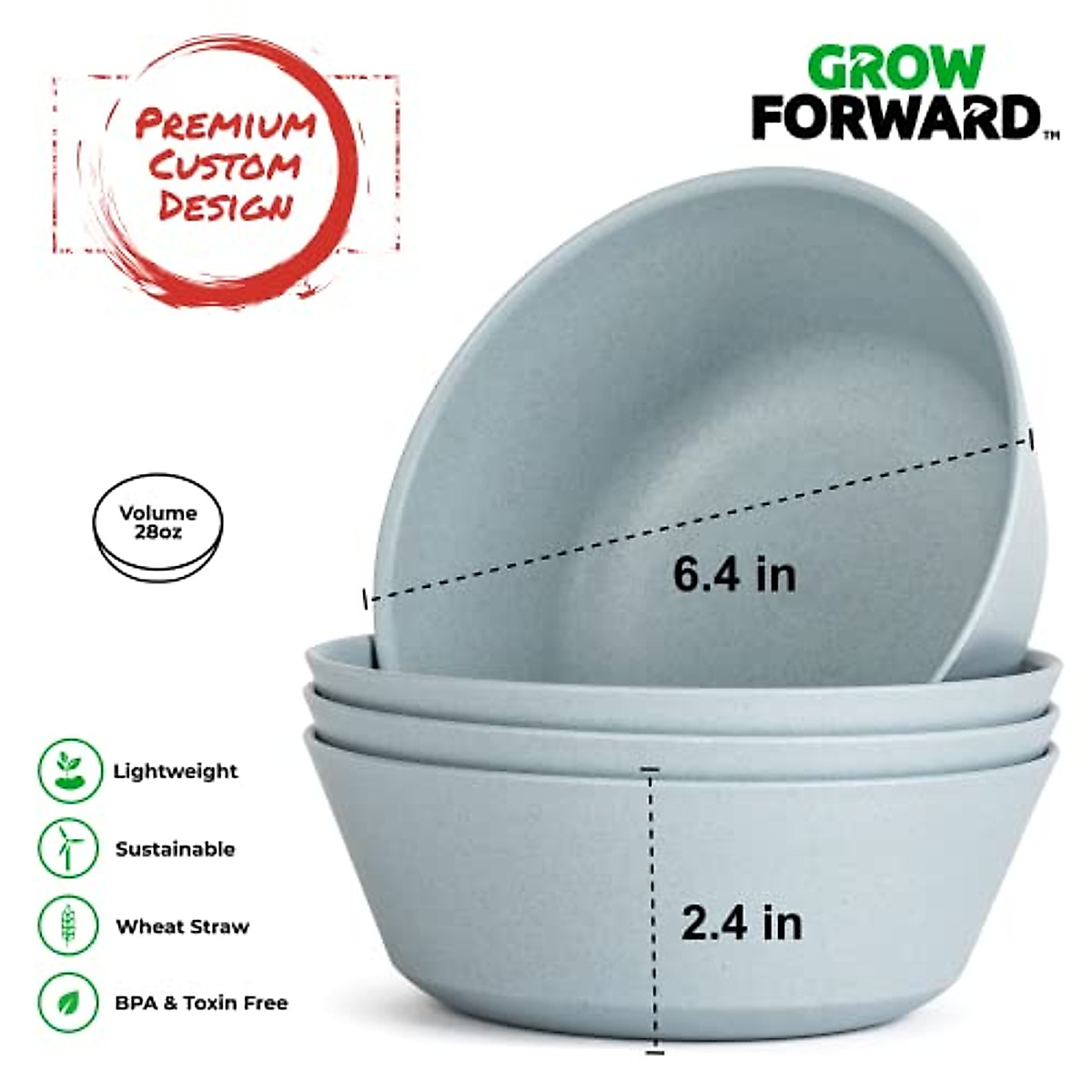 Grow Forward Premium Wheat Straw Plates and Bowls Sets - 8 Piece Unbreakable Microwave Safe Dishes - Reusable Wheat Straw Dinnerware Sets - Wheat Straw Bowls for Cereal, Soup, Camping, RV - Glacier