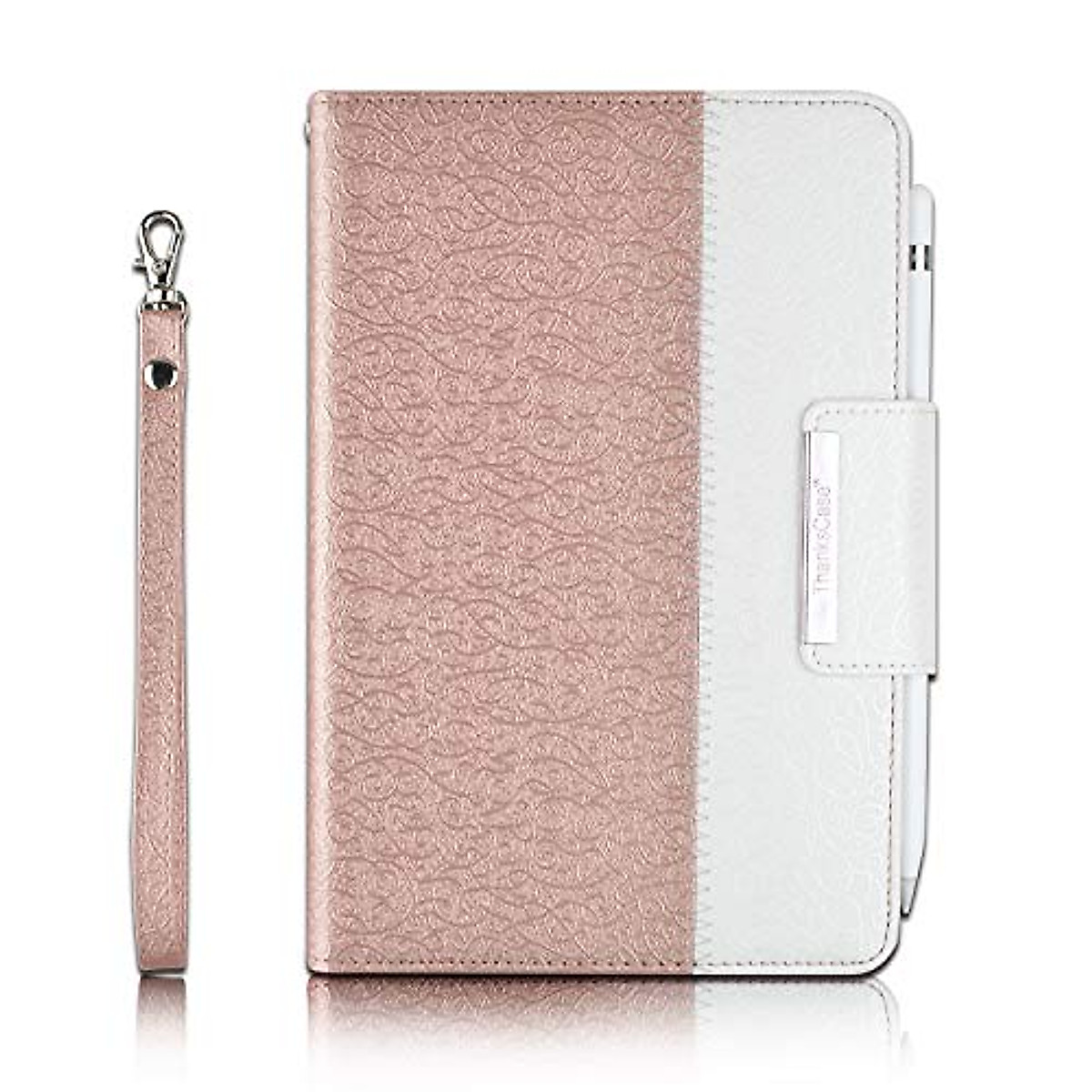 Thankscase Case for iPad Mini 5 7.9" 2019 / iPad Mini 4 2015, Rotating Case Leather Cover with Pencil Holder, Swivel Case Build in Hand Strap, Wallet Pocket for iPad Mini 5th Gen (Rose Gold)