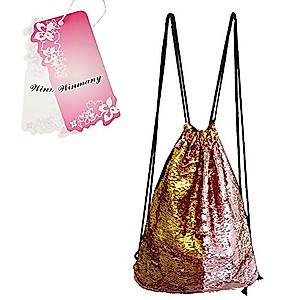 Winmany Mermaid Sequin Backpack Glittering Outdoor Shoulder Bag, Magic Reversible Glitter Drawstring Backpack, Fashion Bling Shining Dance Bag, Sports Backpack Bag (Pink Gold)