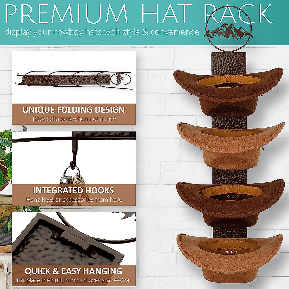Izzy & Olives Rustic Metal Cowboy Hat Rack for 4 hats | Western Hat Rack for Cowboy Hats | Fold-Up Cowboy Hat Holder and Cowboy Hat Rack for Wall | Cowboy Hat Hanger with Hat Display Wall Mount