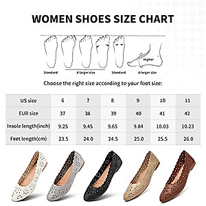 Women's Ballet Flats Black PU Leather Dress Shoes Comfortable Round Toe Slip on Flats with Floral Eyelets(Black.US8.5)
