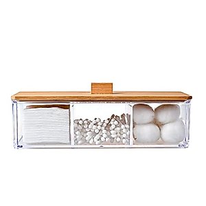 Eiyye Wood QTips Holder, Cotton Swab Dispenser, Jar for Cotton Ball, 3 Compartment Dispenser Container Box for Bedroom Vanity Organizers and Bathroom Storage
