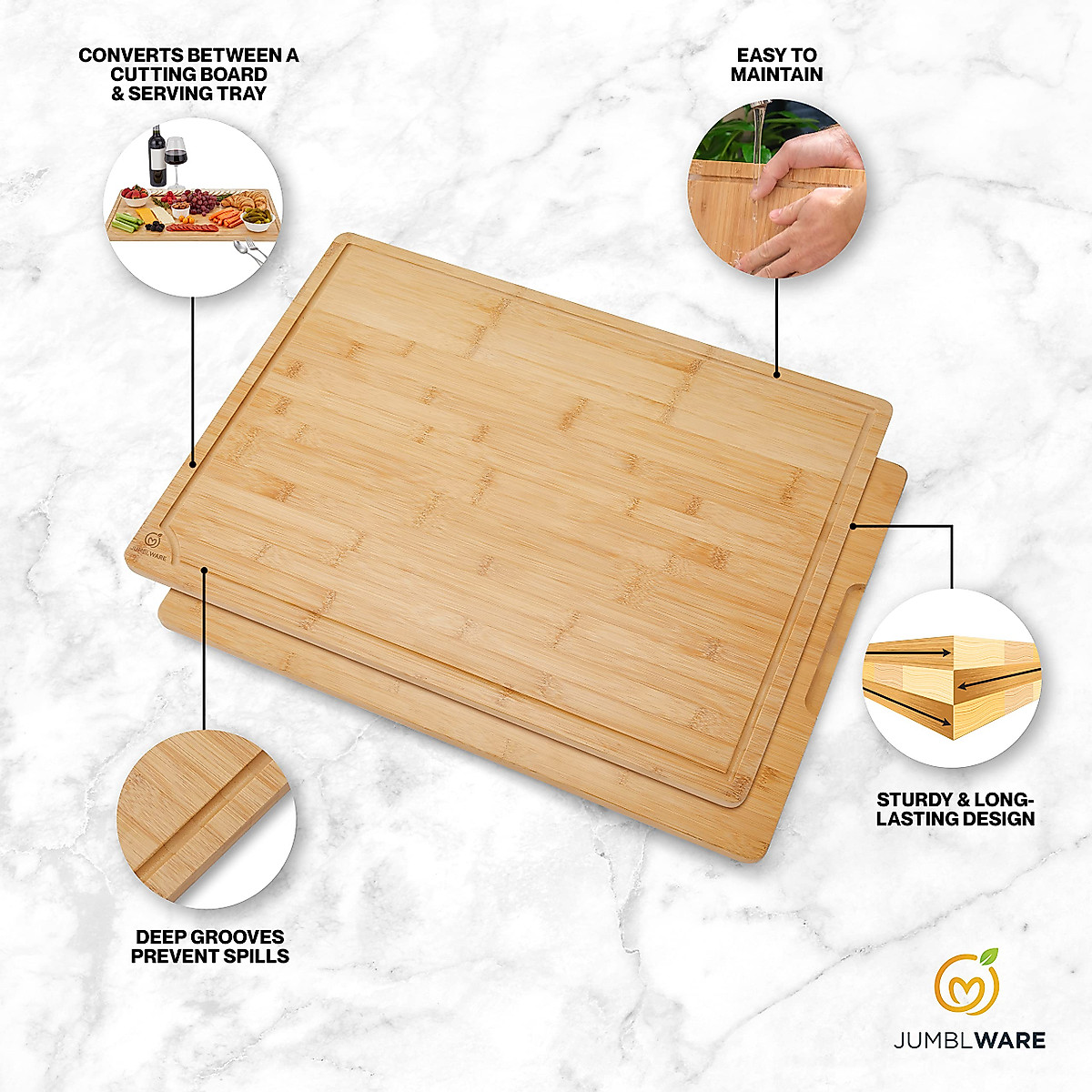 JumblWare Bamboo Cutting Board. Heavy Duty Wooden Chopping Block Tray with Handles & Juice Groove for Meat, Cheese, Fruits, Vegetables & Charcuterie. Kitchen Gift for Men & Women. Large, 24” x 18”