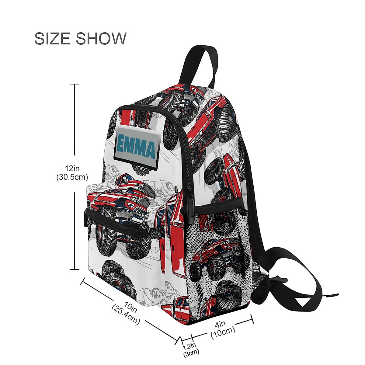 Aflyko Custom Name Kids Backpack Red Bravo Monster Truck Personalized Daycare Bookbag Kindergarten Daypack for Toddler Girls Boys 10" × 4" × 12"