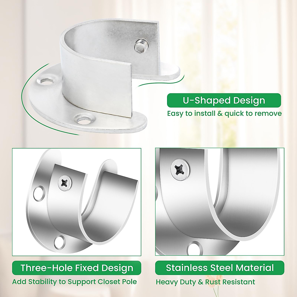 LAHONI 6PCS Closet Shelf & Rod Bracket, U-Shaped Closet Rod End Supports Set, Closet Pole Sockets Kit, Stainless Steel Closet Rod Holders for Hanging Clothes, Curtains, Shower Rods, Wardrobe, Wall