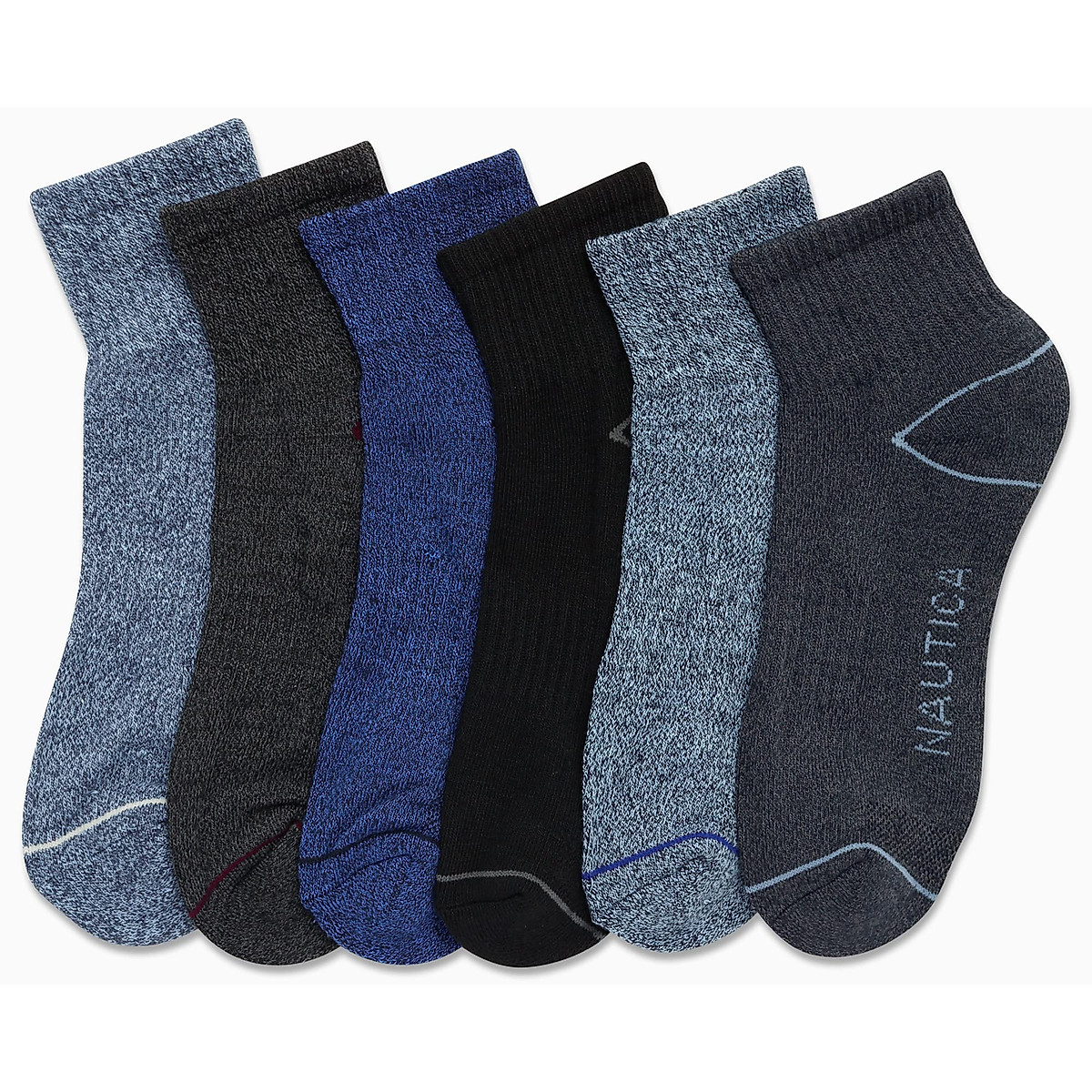 Nautica Men's Performance Quarter Socks with Cushioned Comfort (6 Pack), Size 6-12.5, Navy/Blue/Gray