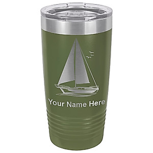 LaserGram 20oz Vacuum Insulated Tumbler Mug, Sailboat, Personalized Engraving Included (Camo Green)