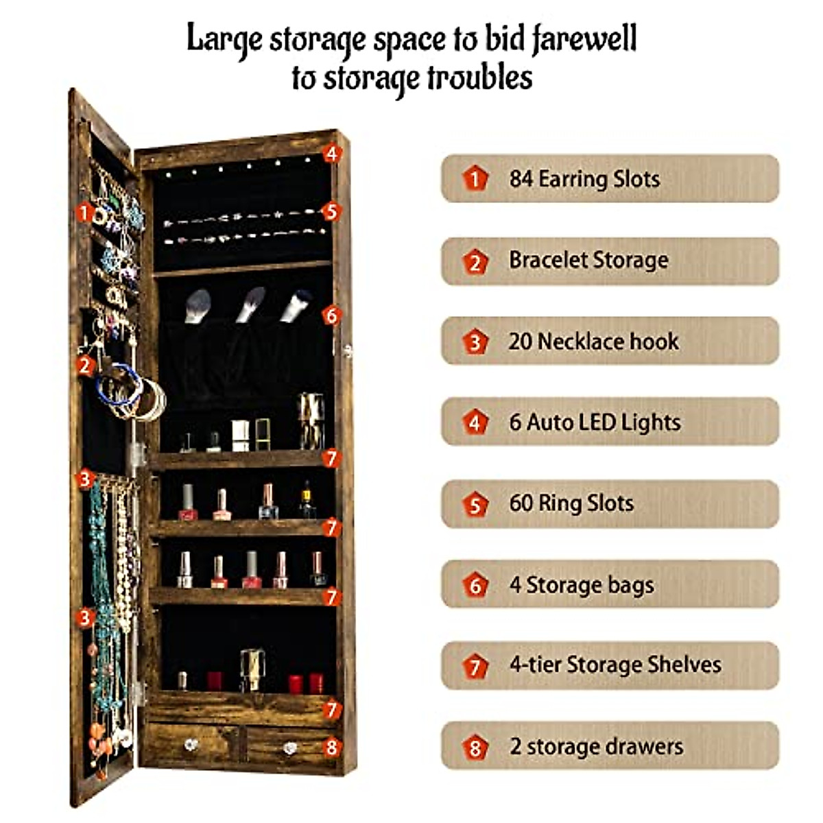 Ntufrest Mirror Jewelry Organizer, Upgraded 6 LED Lights Wall/Door Mounted Jewelry Armoire Cabinet, Full Length Mirror with Storage, Lockable Makeup Organizer and Storage