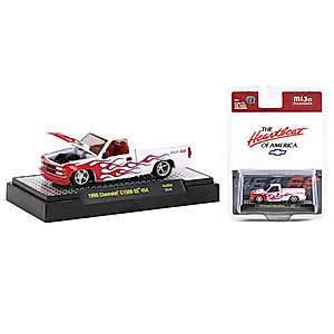 M2 1990 Chevy C1500 SS 454 Pickup Truck White with Red Flames and Red Interior The Heartbeat of America Limited Edition to 6050 Pieces Worldwide 1/64 Diecast Model Car Machines 31500-MJS58