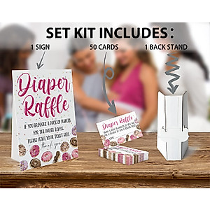 Diaper Raffle Cards with Sign(Sign 8x10 Inch), Donut Theme Baby Shower Games, Baby Showers Decorations -1 Standing Sign + 50 Guessing Cards(raffle42)