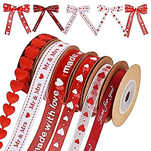 6 Rolls Valentine's Day Ribbon Set Organza Love Heart Printed Grosgrain Satin Ribbon for Wreaths Bows DIY, Gift Wrapping, Wreath, Wedding Decorations on Valentine's Day (98.4 Ft ，33Yards)