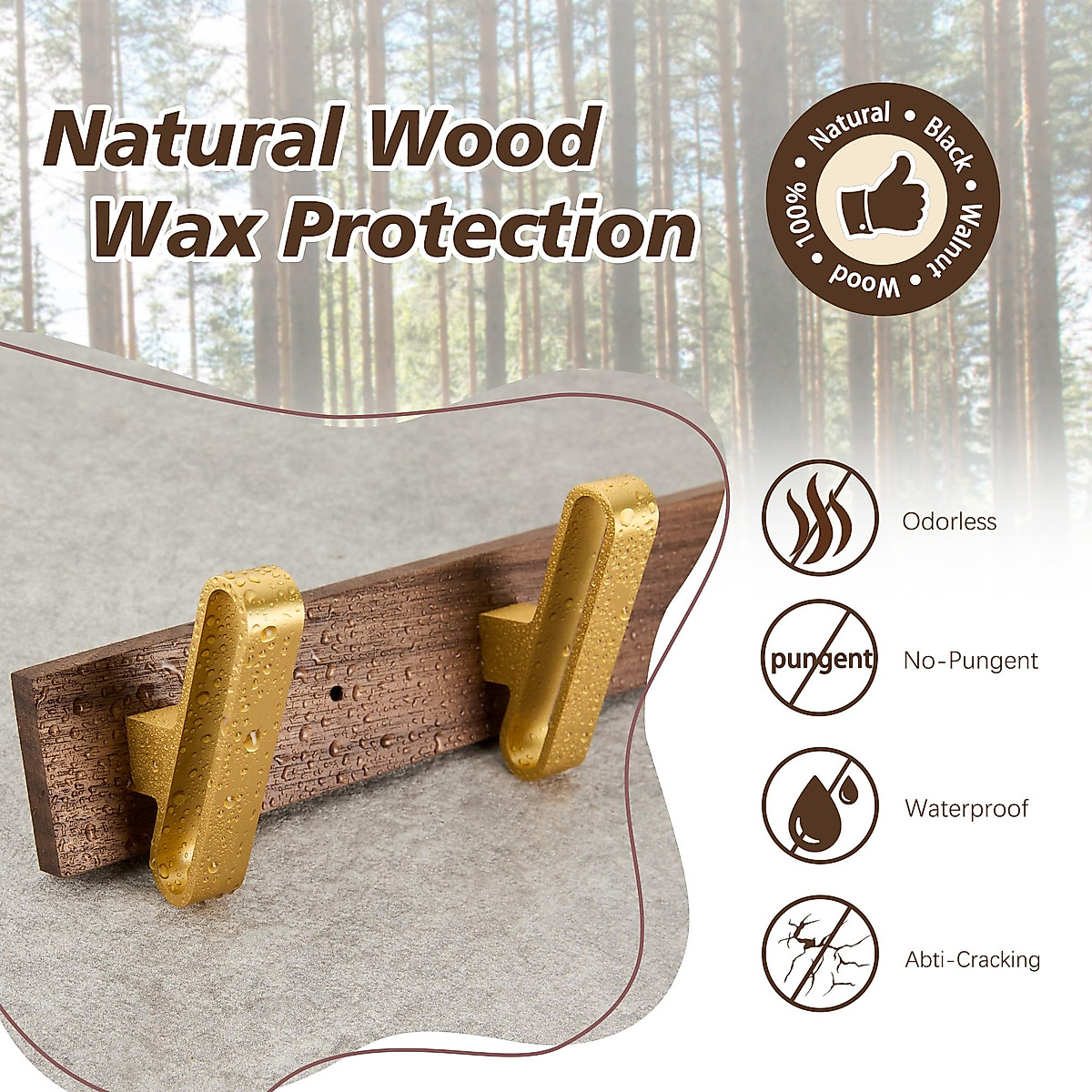 OUJUN Coat Rack Wall Mounted, 19.69 Inch Solid Walnut Wood Wall Mount Coat Hooks with 5 Golded Metal Hooks for Hanging Clothes Hat Bag and Key.Modern Coat Rack for Entryway Bedroom Bathroom Kitchen