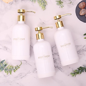 Janxin Shampoo and Conditioner Dispenser Set of 3,Refillable 21oz Shampoo Bottles with Non-Slip Protective Silicone Pad,Shower Soap Dispenser with Waterproof Labels for Bathroom (White)