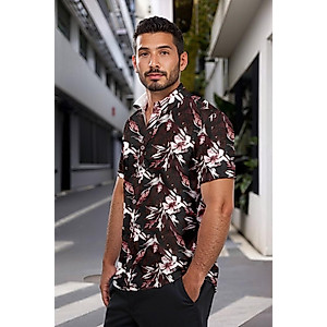 ETHANOL Men Classic Slim Fit Woven Short Sleeve Wrinkle Resistant Print Shirt MSTL46568-2444BRG Dark RED XL