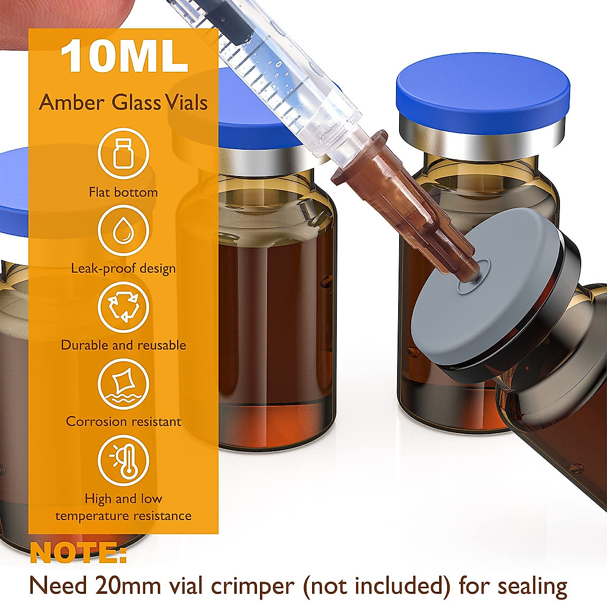 creahub 100 Pack 10ml Glass Vials, Amber Glass Headspace Vials with Plastic-Aluminum Flip Off Caps and Rubber Stoppers, 20mm Flat Bottom Lab Crimp Top Vial for Injection