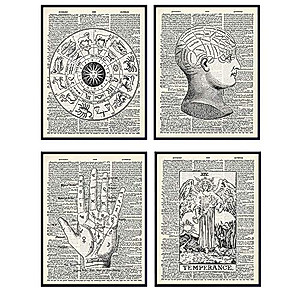 Zodiac Sign, Astrology, Tarot, Occult, Palm Reading, Palmistry, Phrenology, Tarot Wall Art - Vintage Mystical Arts Home Decor Set - Unique Goth Steampunk Gift for Psychic - Dictionary Photo
