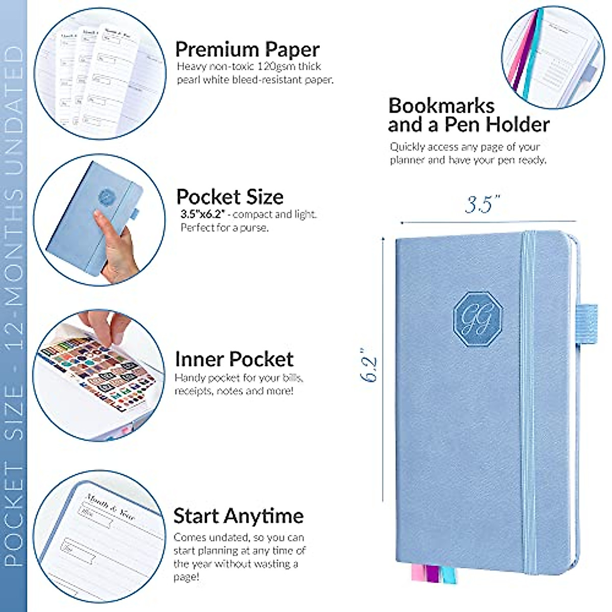 GoGirl Planner and Organizer for Women – Pocket Weekly Planner, Goals Journal & Agenda for Time Management & Productivity. Undated (Light Blue)