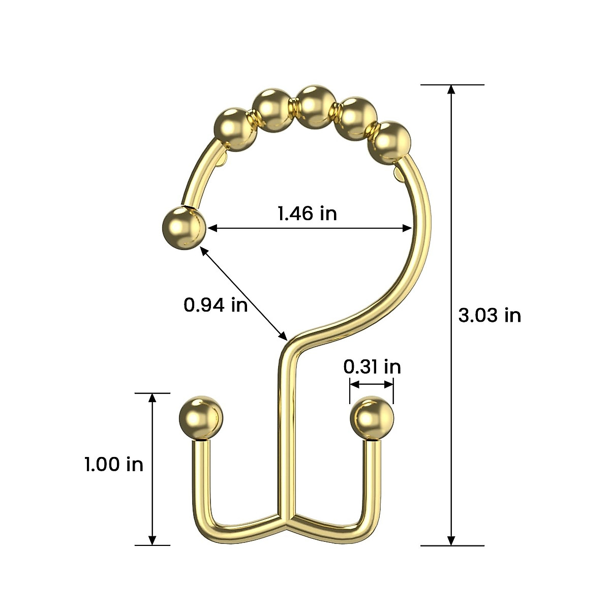 BATHDESIGN Shower Curtain Hooks Rings, Rust Proof Stainless Steel Shower Curtain Hooks Double Sided for Bathroom Shower Rods Curtains, Set of 12, Gold