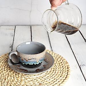 Bosmarlin Ceramic Cappuccino Cup and Saucer Set of 2, 10 Oz, Dishwasher and Microwave Safe, Coffee Cups for Latte, Espresso, Tea, Reavtive Glaze (Grey, 10 oz)