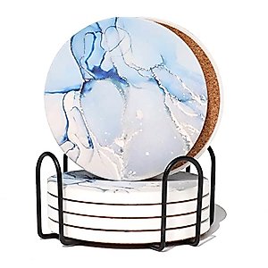 Coasters for Drinks, Absorbent Ceramic Stone Coaster Set with Metal Holder Stand, Drink Coasters with Cork Base, Housewarming Gifts for Home Decor, 4 Inches,Set of 6-Light Blue Marble