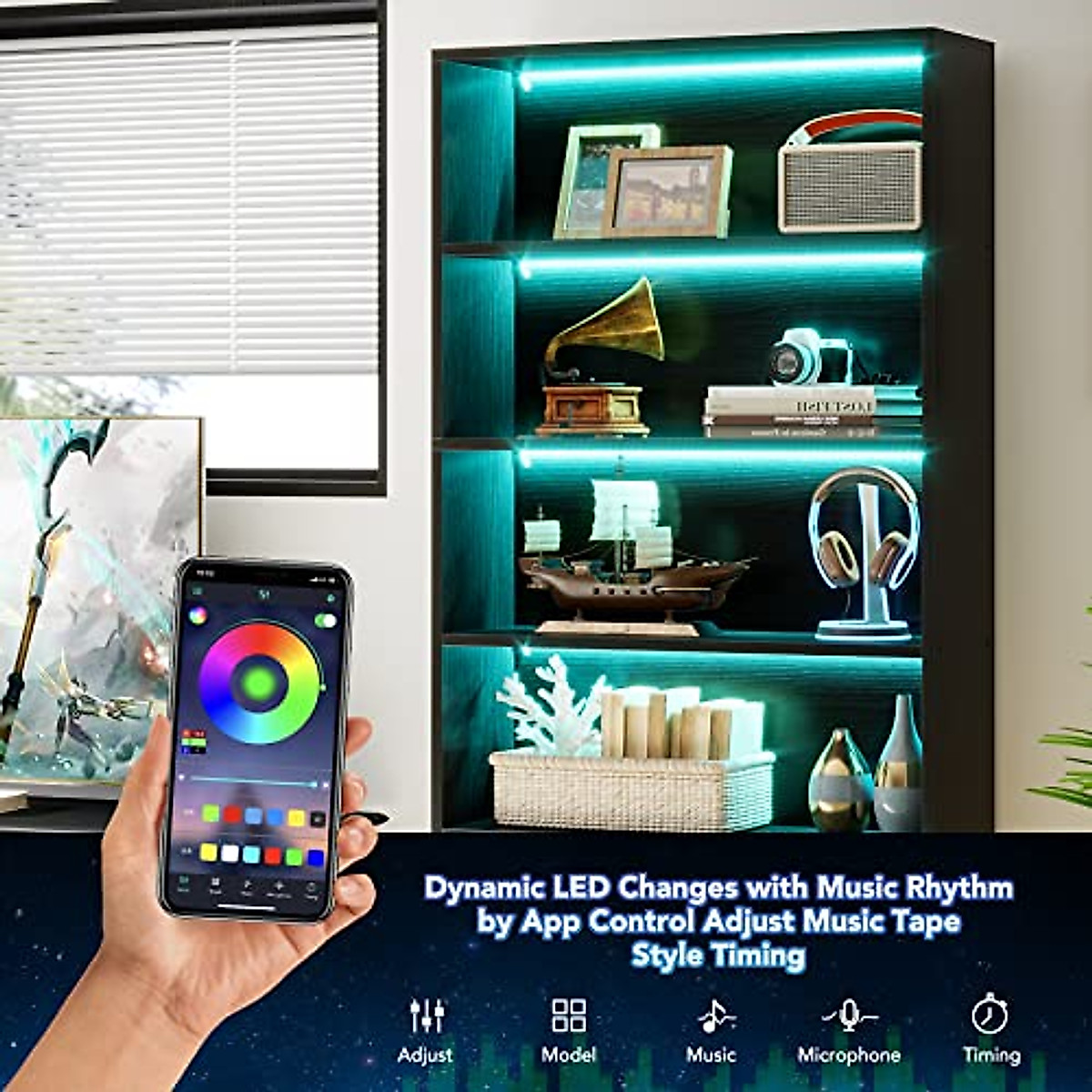 LED Bookcase, 70.8” Tall Bookshelf with Closed Back Shelf, 5-Tier Large Bookcases Organizer with Storage Shelves, Heavy Duty Freestanding Library Book Cases Shelving Unit for Living Room, Bedroom