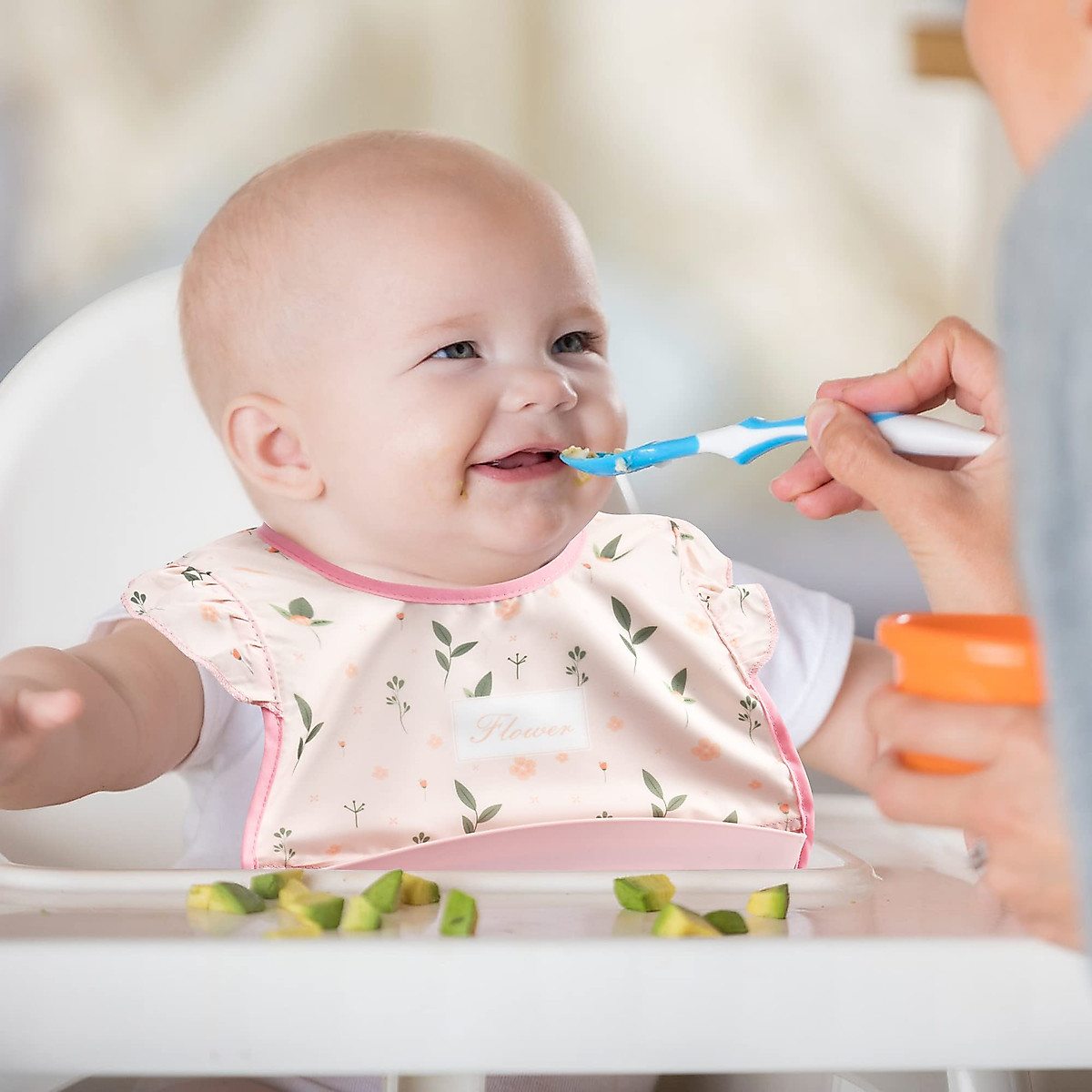 GAJIGAJI Waterproof Baby Bib with Silicone Food Catcher Pocket, Adjustable Feeding Bib Fit for 6-24 Month Toddlers (Leaves Green)