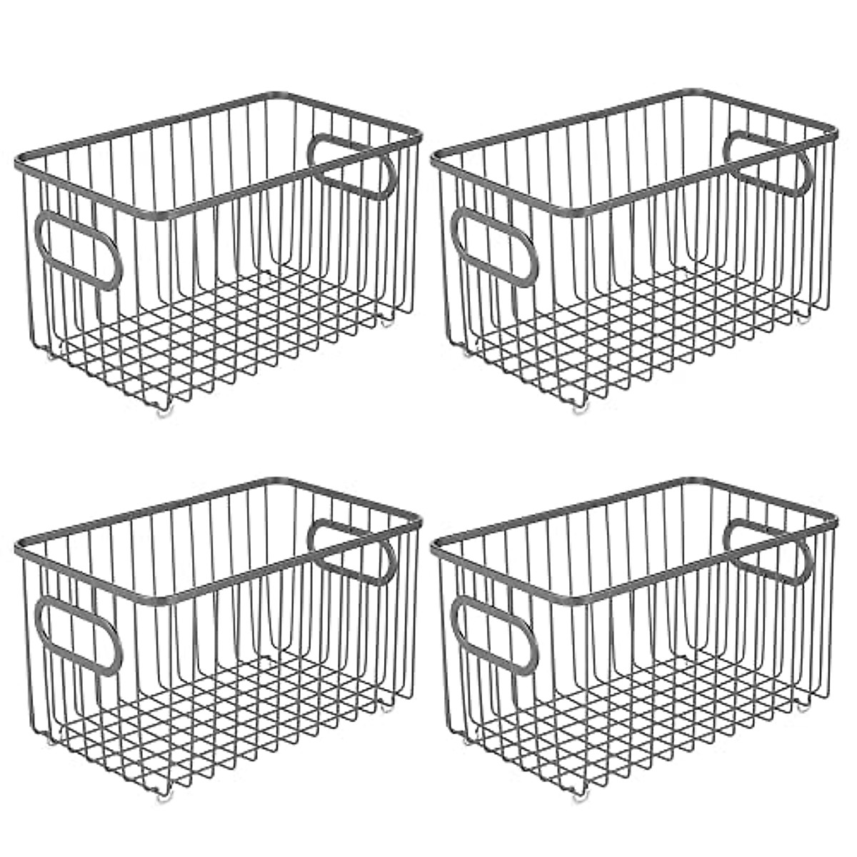 mDesign Metal Farmhouse Kitchen Pantry Food Storage Organizer Basket Bin - Wire Grid Design - for Cabinet, Cupboard, Shelves, Countertop, Closet, Bedroom, Bathroom - 10" Long, 4 Pack - Graphite Gray