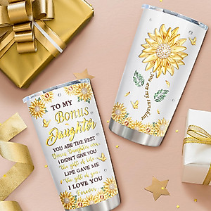 Fusui Bonus Daughter Gifts Cup, Gifts for Bonus Daughter, Bonus Daughter Gifts from Bonus Mom, Stepdaughter Gifts from Stepmom Stepdad, Best Bonus Daughter Birthday Gift Stainless Steel Tumbler 20oz