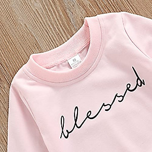 Mandizy Kids Toddler Girl Spring Fall Outfits Blessed Letter Print Long Sleeve Sweatshirt Tops and Camouflage Pants Clothes Set (Pink, 3-4T)