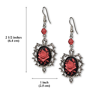 Gothic Red Rose Cameo Earrings Surrounded by Thorns with Red Bead