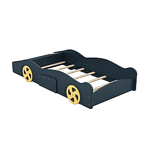 Bellemave Twin Size Race Car Bed with Storage, Wood Platform Bed Frame with Wheels and Support Slats, Twin Kids Bed in Race Car-Shaped for Boys Girls Teens, Dark Blue