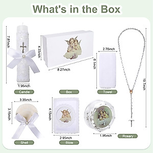 Baptism Candle Set for Boys and Girls,5 PCS Baptism Kit Catholic Candle,Baptism Towel,Shell,Rosary,Bible for Baby Dedication Christening Gift,Velas para Primera Comunión De Niño Bautizo De Niña