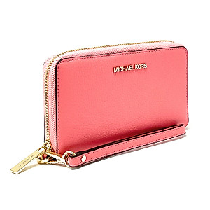 LEATHER Michael Kors Jet Set Travel Large Flat Multifunction Phone Case Wristlet Pebble Leather