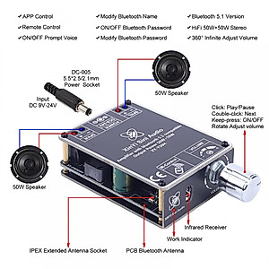 XY-Y50H 50W+50W HIFI Stereo Bluetooth-compatible 5.1 Amplifier Module, DC 9V-24V Dual Channel Audio Amp Board with Remote Controller
