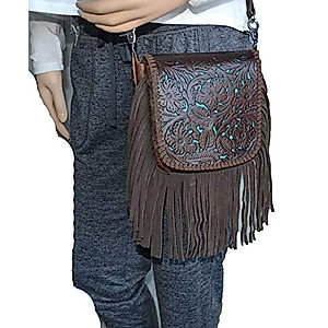 western floral tooled 100% leather fringe cross body purse (brown) Small