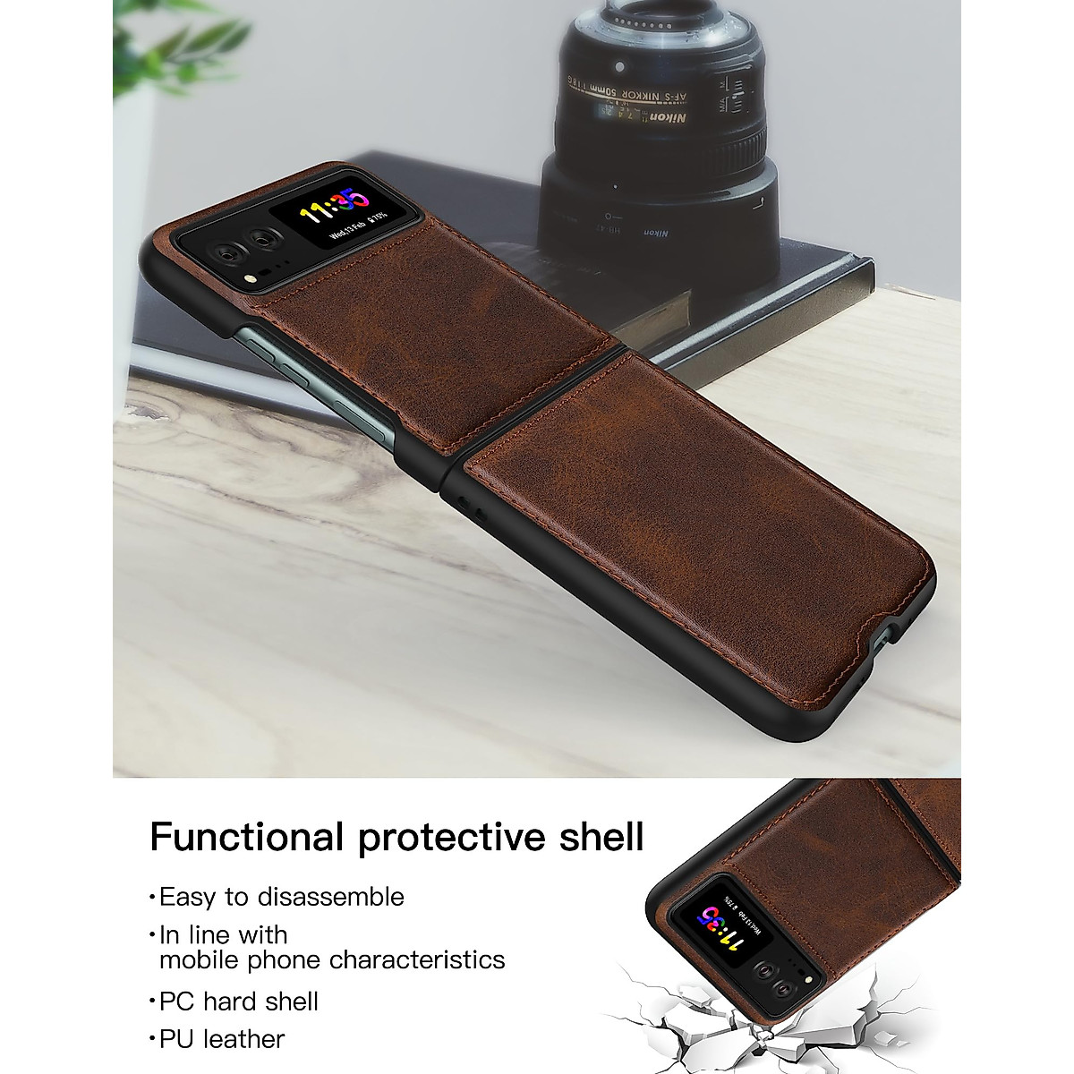 Foluu for Motorola Razr 2023 Case [Not fit Razr Plus 2023], Moto Razr 2023 Leather Case, PU Leather + Hard PC Shell Ultra Thin Slim Durable Protective Phone Case Cover for Motorola Razr 2023 Brown