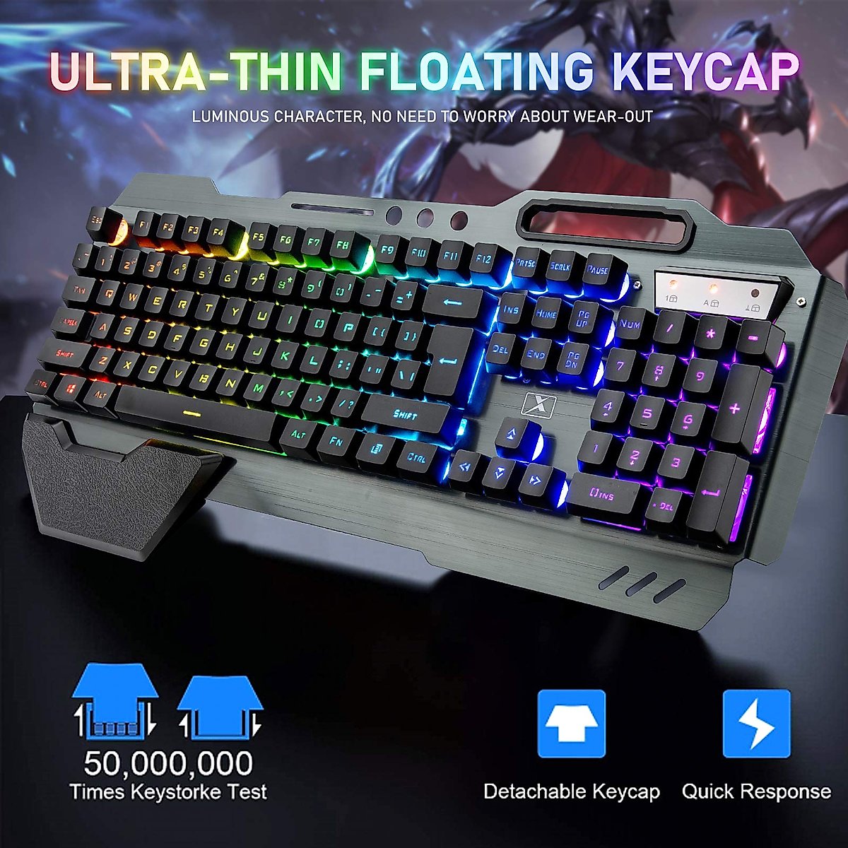 Wireless Gaming Keyboard Mouse and Wired Computer Speaker with Rainbow RGB Backlit Rechargeable Battery Metal Mechanical Ergonomic Waterproof Dustproof Removable Palm Rest for Laptop PC Gamer(Black)
