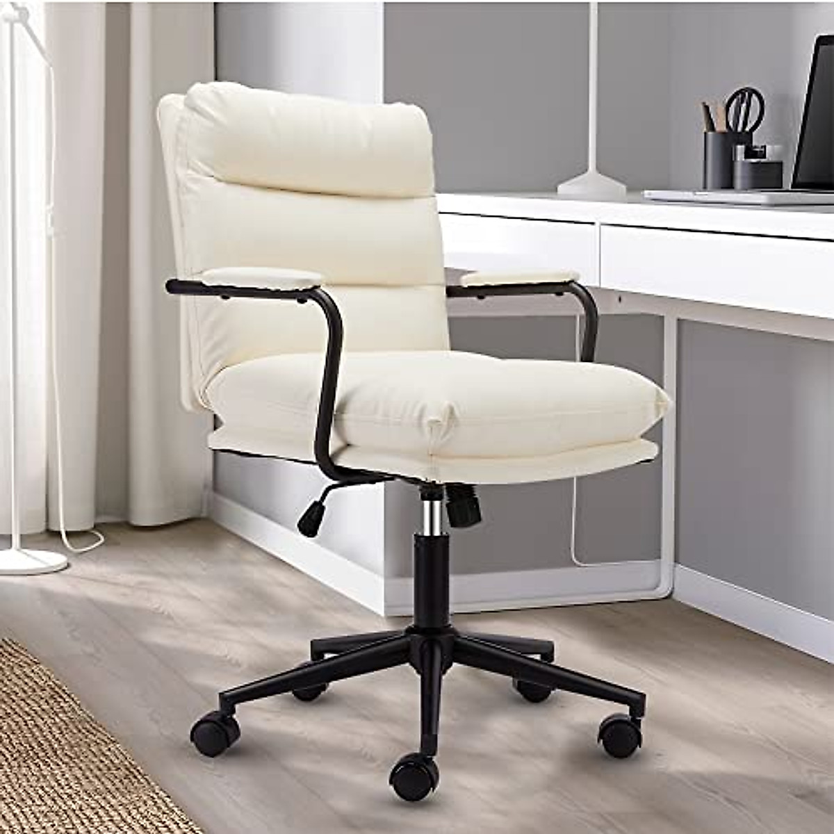 AMERROBIL White Home Office Desk Chair with Wheels/Armrests, Modern PU Leather Vanity Chair Midback Adjustable Home Computer Chair for Living Room, Bedroom, Office, Vanity and Study