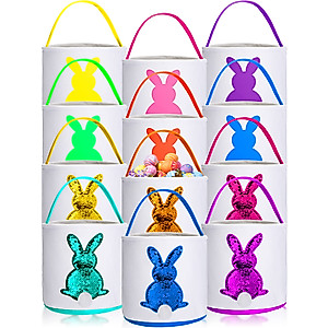 Jexine 12 Pcs Easter Bunny Basket Bags Bulk for Kids Gift Bucket Easter Eggs Hunt Basket with Handle Bunny Tote Bag Carry Bucket Rabbit Fluffy Tails Bags for Easter Party Decorations (Sequin Style)