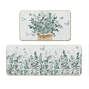 Artoid Mode Eucalyptus Vase Butterfly Summer Kitchen Mats Set of 2, Spring Home Decor Low-Profile Kitchen Rugs for Floor - 17x29 and 17x47 Inch