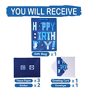 16.5” Extra Large Blue Gift Bags Set with Greeting Card and Tissue Papers (Blue Happy Birthday) for Men's Birthday Party, Kids' Parties, Baby Shower, or Baby Boy - 16.5”x5.5”x12.6”, 1 Pcs