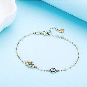 Kaletine Hamsa Hand of Fatima Evil Eye Bracelet Sterling Silver 925 Blue Cubic Zirconia Chain 6.5"+1.5"(Gold)