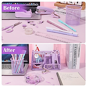 Purple Mesh Desk Organizer and Accessories, Purple Gift Purple Office Supplies 7 Compartments Desk Organizer with Stapler,Tape Dispenser,1000 Staples,Pen Holder,Staple Remover,Clips,Ruler,Scissors