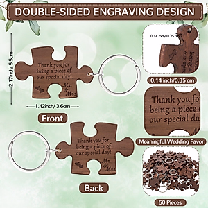 Sintuff 50 Sets Wedding Keychains Gifts for Guests Rustic Wood Puzzle Keychain with Thank You Cards and Organza Bags Wedding Favors Bridal Shower