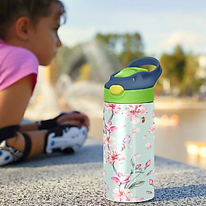 Pink Flowers Kids Water Bottle, BPA-Free Vacuum Insulated Stainless Steel Water Bottle with Straw Lid Double Walled Leakproof Flask for Girls Boys Toddlers, 12Oz