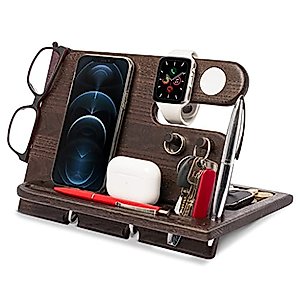 TESLYAR Wood Phone Docking Station Ash Key Holder Wallet Stand Watch Organizer Men Husband Wife Anniversary Dad Birthday Father Graduation Gadgets Compatible with iPhone AirPods iWatch